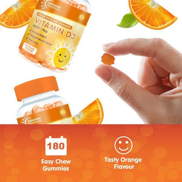 Sunshine Nutrition Kids Vitamin D3 Gummy Vitamins - 180 Orange - ClubVitsUK