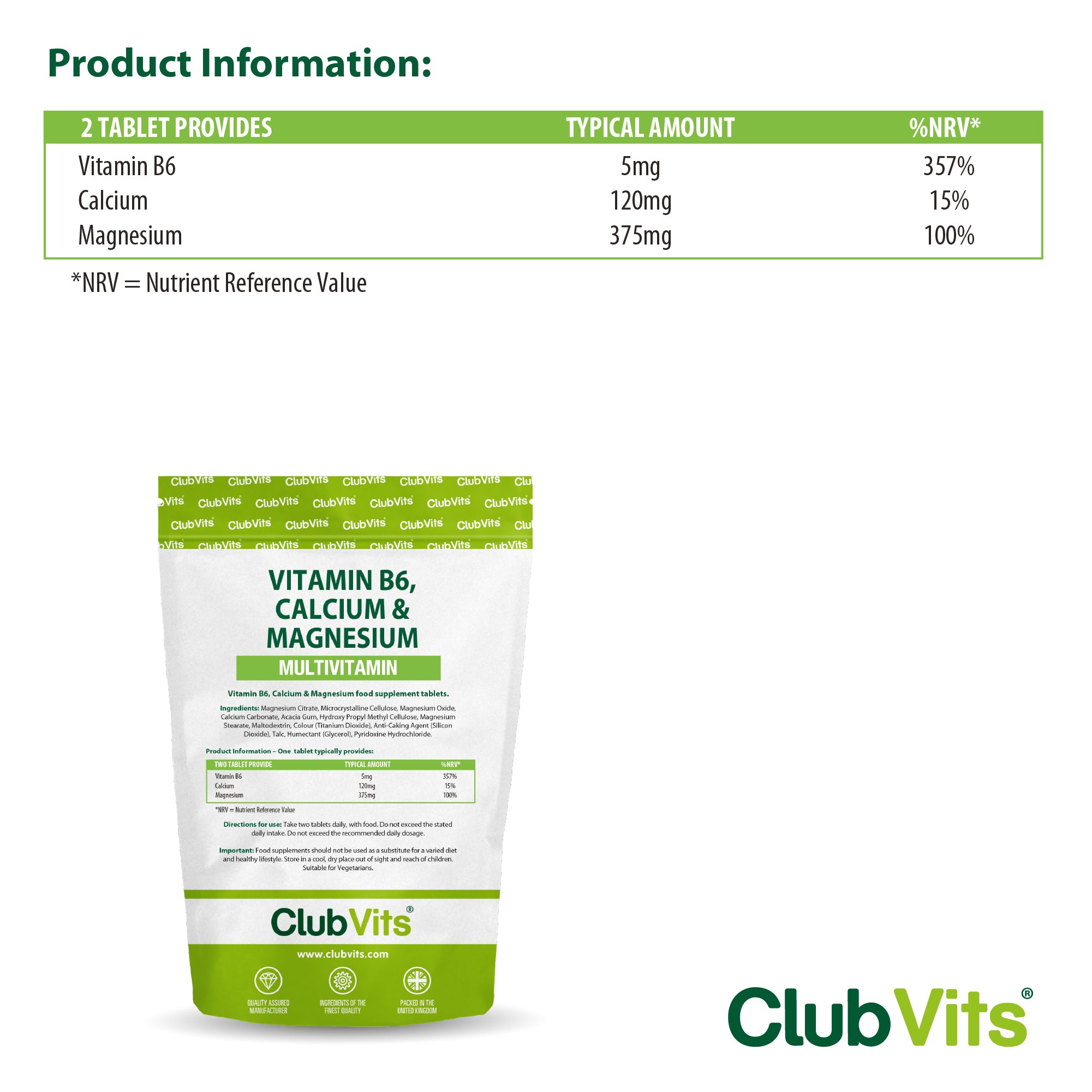 Vitamin B6, Calcium & Magnesium Multivitamin Tablets - ClubVitsUK