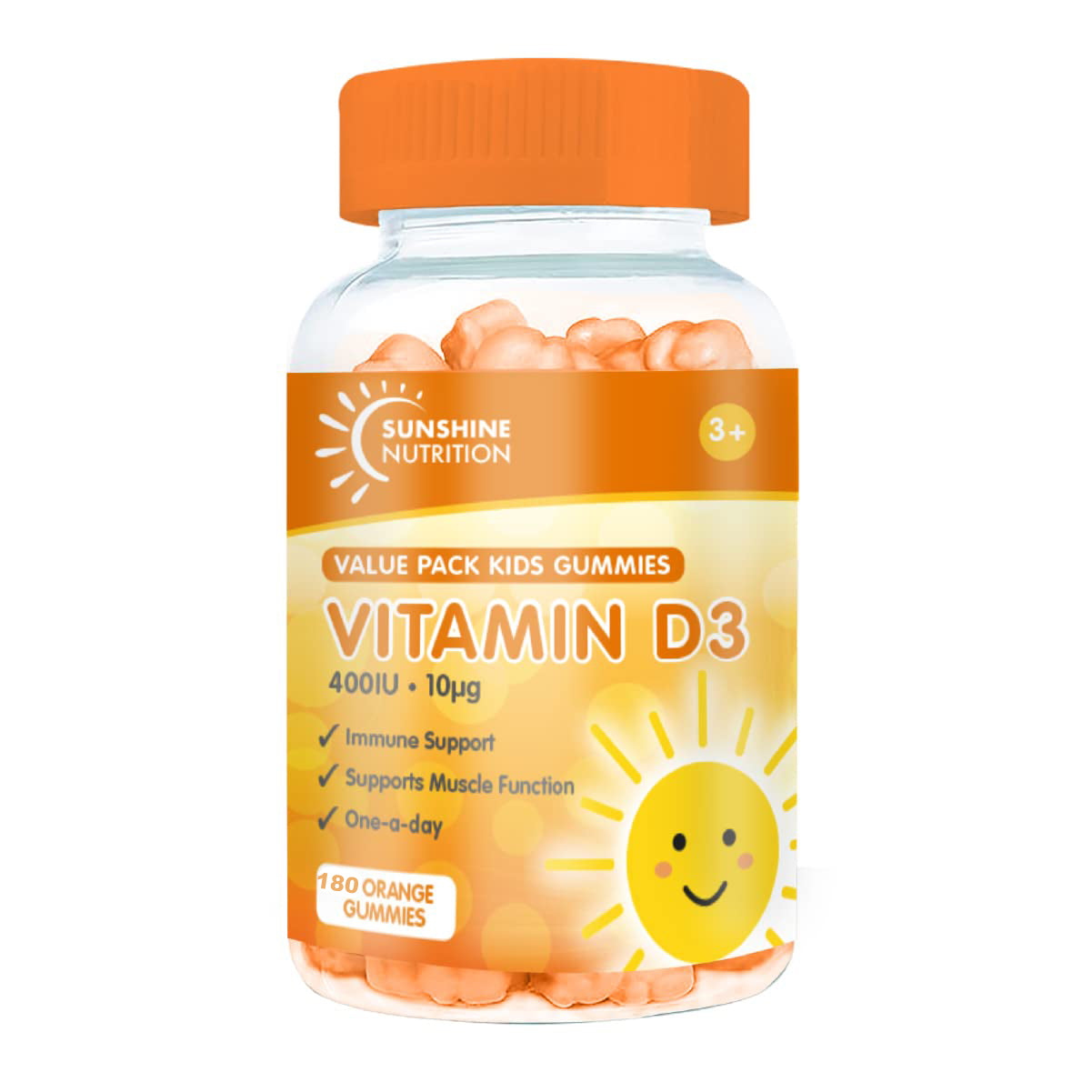 Sunshine Nutrition Kids Vitamin D3 Gummy Vitamins - 180 Orange - ClubVitsUK